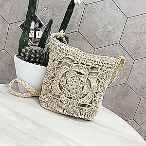 Qoyntuer Woven Straw Messenger Knitted Bag,straw Shoulder Bag Women's Handwoven Crossbody Handbag Cotton Crochet Shoulder Purse Handmade Flower Beach Storage Bag Summer Beach Shoulder Handbag (Beige)