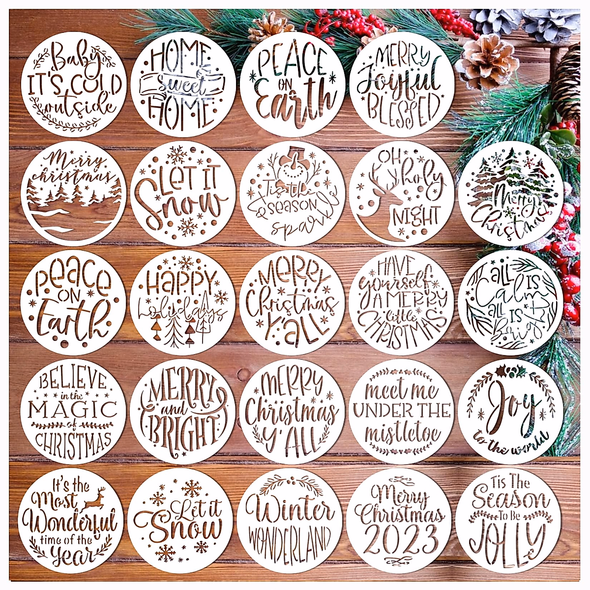 Christmas Stencils for Painting on Wood Small Cookie Christmas Tree Ornaments Mini Reusable Christmas Stencils for Kids Crafts Supplies Glass Home Party Decorations Supplies (24 Christmas 4inround)