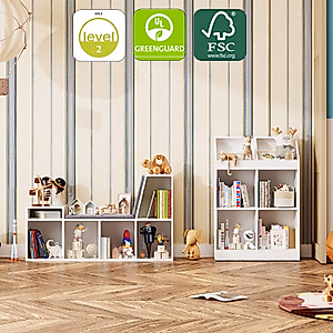 NACHES Kids Bookshelf with Reading Nook for Kids Room, 6-Cubby Bookcases with Bench Seat Cushion Thick Wood Board, Multi-Purpose Toys Storage Organizer for Toddler Nursery, Bedroom, Play Room (White)