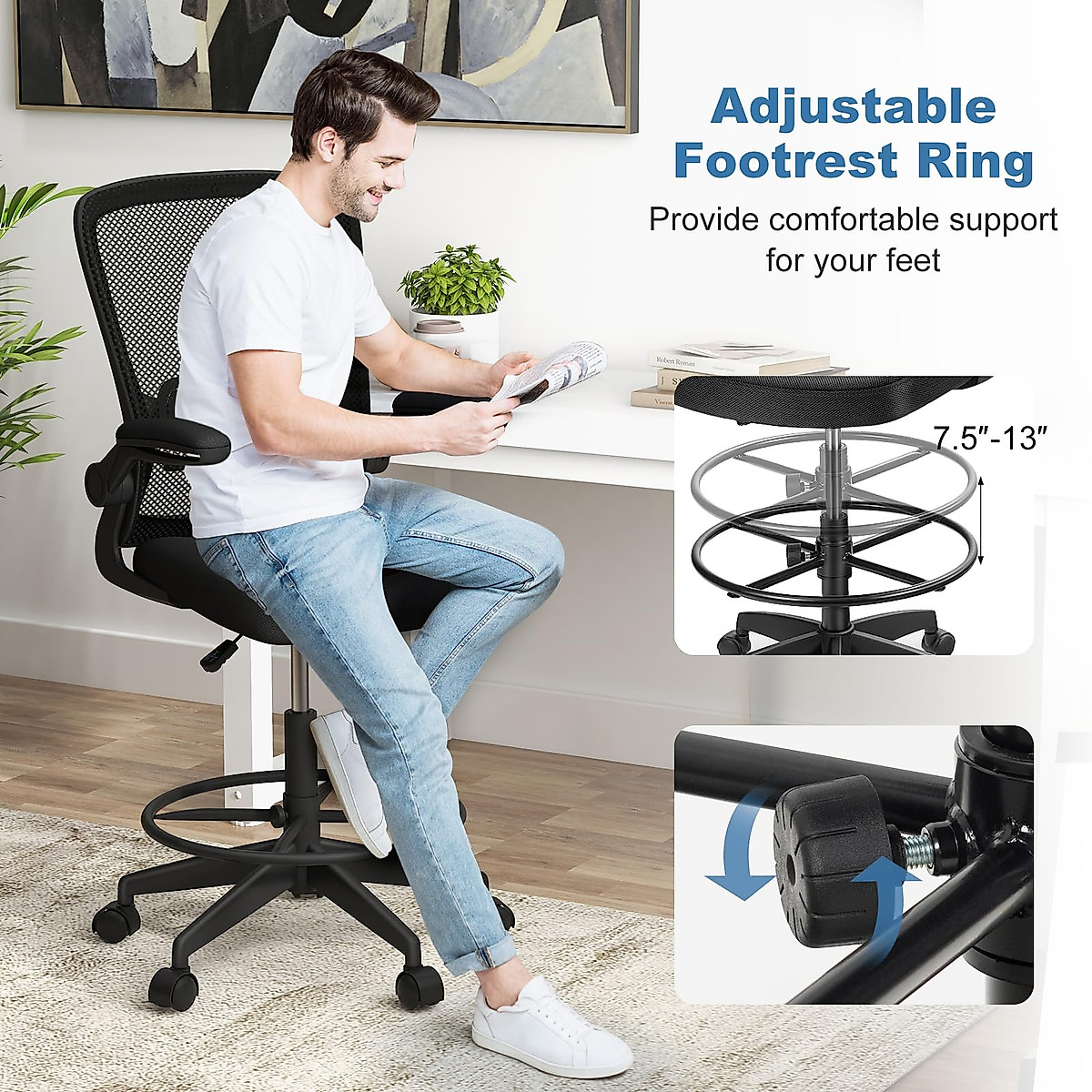 HAPPYGRILL Drafting Chair, Adjustable Height Standing Desk Chair with Armrest, Footrest Ring and Lumbar Support, Tall Office Chair Executive Computer Chair for Home Office (1, Black)