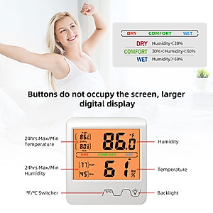 4" Backlight Hygrometer Indoor Thermometer Temperature and Humidity Room Thermometer Humidity Gauge Indicator for Home Office Greenhouse Backlight for 10s