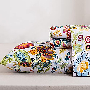 MEISHANG Queen Sheet Set Floral Printed Sheets Ultra Soft 100% Microfiber - 16 Inch Deep Pocket Breathable Comfortable Bed Sheet Set - 4 Pieces Spring Flower Queen