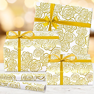 Wedding Wrapping Paper, 7 Sheets Golden Rose Pattern in White Art Paper with 1 Roll Gold Ribbon, 20 x 28 inch Per Sheet Folded Flat Gift Wrap for Weddings, Birthday, Baby Showers, Bridal Showers