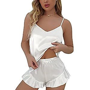 Womens Silk Satin Pajamas Loungewear Two-piece Sleepwear Cami Shorts Pj Set White XXL