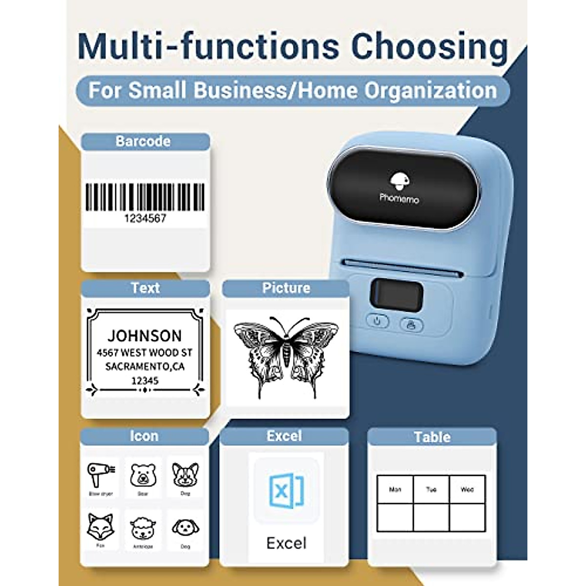 Phomemo Barcode Label Printer - M110 Label Maker Portable Bluetooth Label Maker Machine for Small Business, Barcode, Address, Logo, Clothing, Jerwery, Thermal Printer Compatible with Phones & PC, Blue