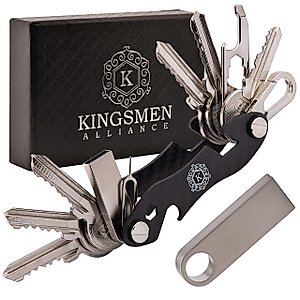 KINGSMEN Compact Smart Key Organizer Keychain – Premium Carbon Fiber Key Holder for Keychain with Keychain Accessories (16 GB USB, Multitool, Key Ring), Attach Car Key Holder & EDC, 25 Keys (Black)