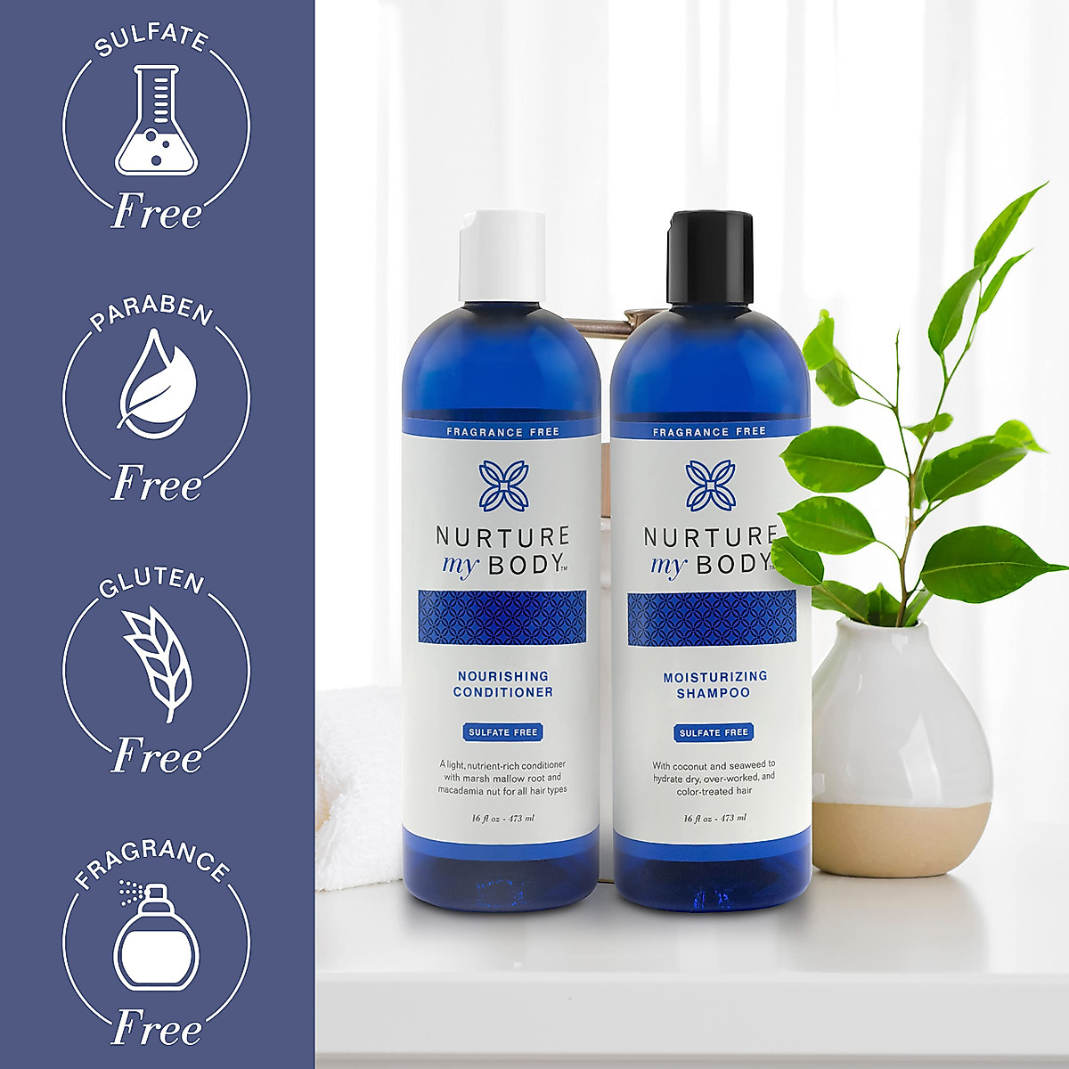 Nurture My Body Fragrance Free Moisturizing Shampoo and Nourishing Conditioner Set | 8 oz. | Sulfate free and Paraben free shampoo and conditioner set | All Natural Ingredients | Handmade in USA