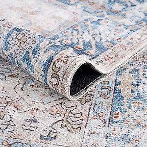 Bloom Rugs Caria Washable Non-Slip 12 ft Runner - Beige/Ocean Blue Traditional Runner for Entryway, Hallway, Bathroom, and Kitchen - Exact Size: 2'6" x 12'