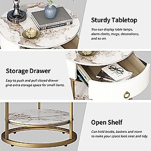 OIOG Round Side Table with Drawer, 2 Tier Night Stand with Shelf, Modern Side Table with Gold Legs for Living Room, Bedroom, Dorm, Marbling Natural Stone/Gold