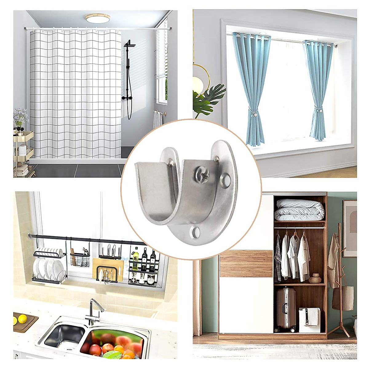 Seimneire 2pcs Heavy Duty Stainless Steel Rod Socket, Wardrobe Bracket Flange Rod Holder Closet Rod End Supports Fit 1" Diameter, U Shaped - Silver