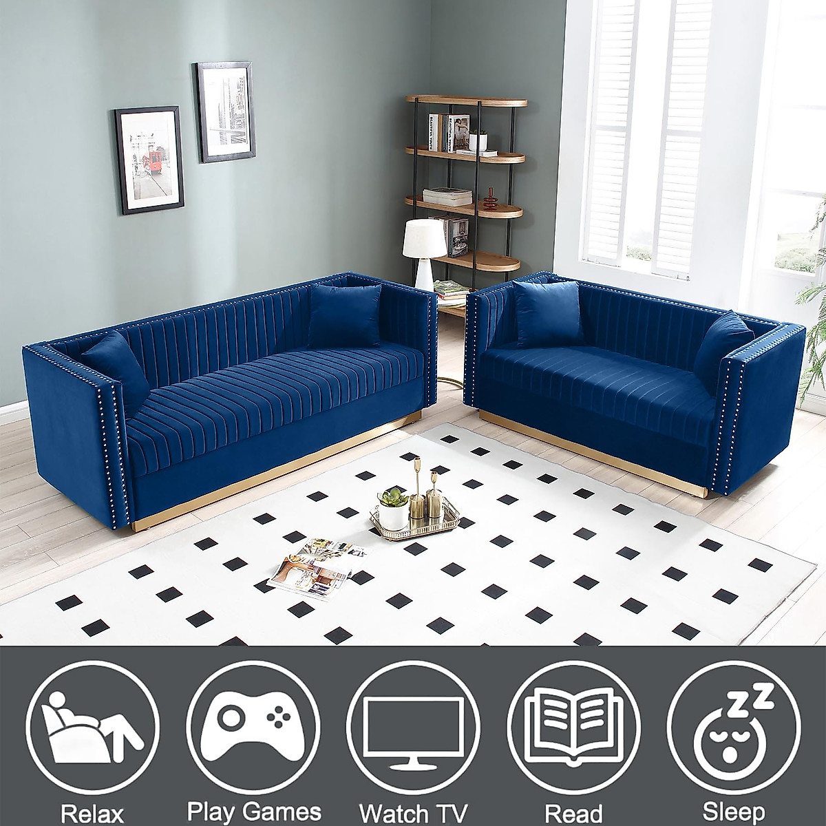 Vanress 78" Velvet Upholstered Sofa,Modern Tufted Couch 3 Seater,Square Arm, with Nailhead Trim and 2 Pillows for Living Room, Office (Blue)
