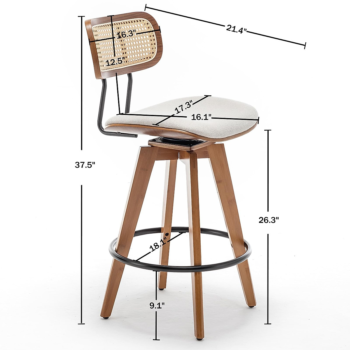 YOUUGIOR 26" Rattan Bar Stools Set of 2, Linen Fabric Counter Height Swivel Barstools with Rattan Backrest and Wooden Legs,Armless Mid Century Modern Bar Chairs for Kitchen/Dining Room/Bar(Beige)