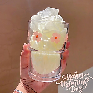 Olvini 13oz Glass Tumbler with Glass Straw and Lid, Iced Coffee Cups Reusable, Water Cup, Coffee Tumbler, Glass Coffee Mugs, Drinking Glass Cups (Pink Flower)