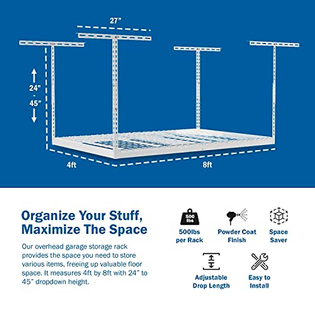 MonsterRax Overhead Garage Storage Rack- 4 x 8 Ceiling Rack for Garage Shelving, Organization, & Storage, Adjustable Hanging Storage for Bikes, Equipment & Accessories (White, 24"-45", 2-Pack).