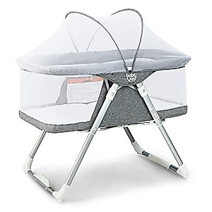 BABY JOY Bassinet, 2 in 1 Rocking Bassinet for Baby w/Detachable Curtain Cloth, Mattress, Breathable Mesh, Adjustable Height, Quick Folding Crib w/Travel Bag for Newborn Infants, Portable Bassinet