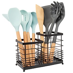 RedCall Utensil Holder for Countertop,Stainless Steel Kitchen Holder,2-In-1 Spoon Spatula Holder for Kitchen Counter,Large Wire Utensils Organizer,Black Cooking Tool Holder Storage Crock