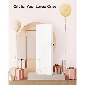 SONGMICS Jewelry Cabinet Armoire, Lockable Wall-Mounted Organizer Unit with 2 Plastic Cosmetic Storage Trays, Full-Length Frameless Mirror, White UJJC001W01