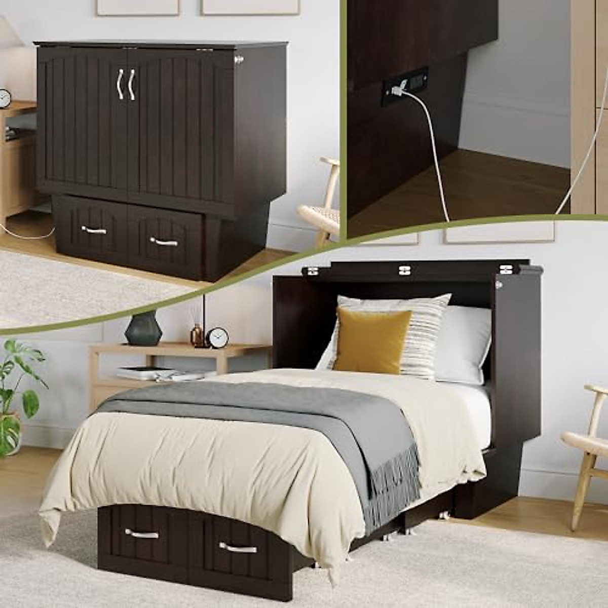 AFI, Sydney Twin Wood Murphy Bed Chest with Storage and Charging Station, Espresso