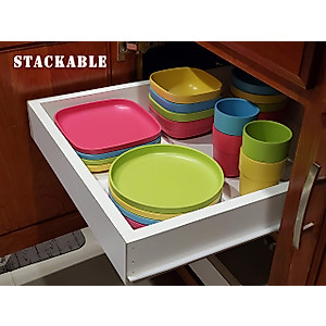 1 Click Bamboo Kids Plates, (4 Color Set), Stackable, Reusable, Deep sides for Easy Kids, Toddlers and Big Kids Feeding, Dishwasher Safe, Bamboo Dinnerware Set