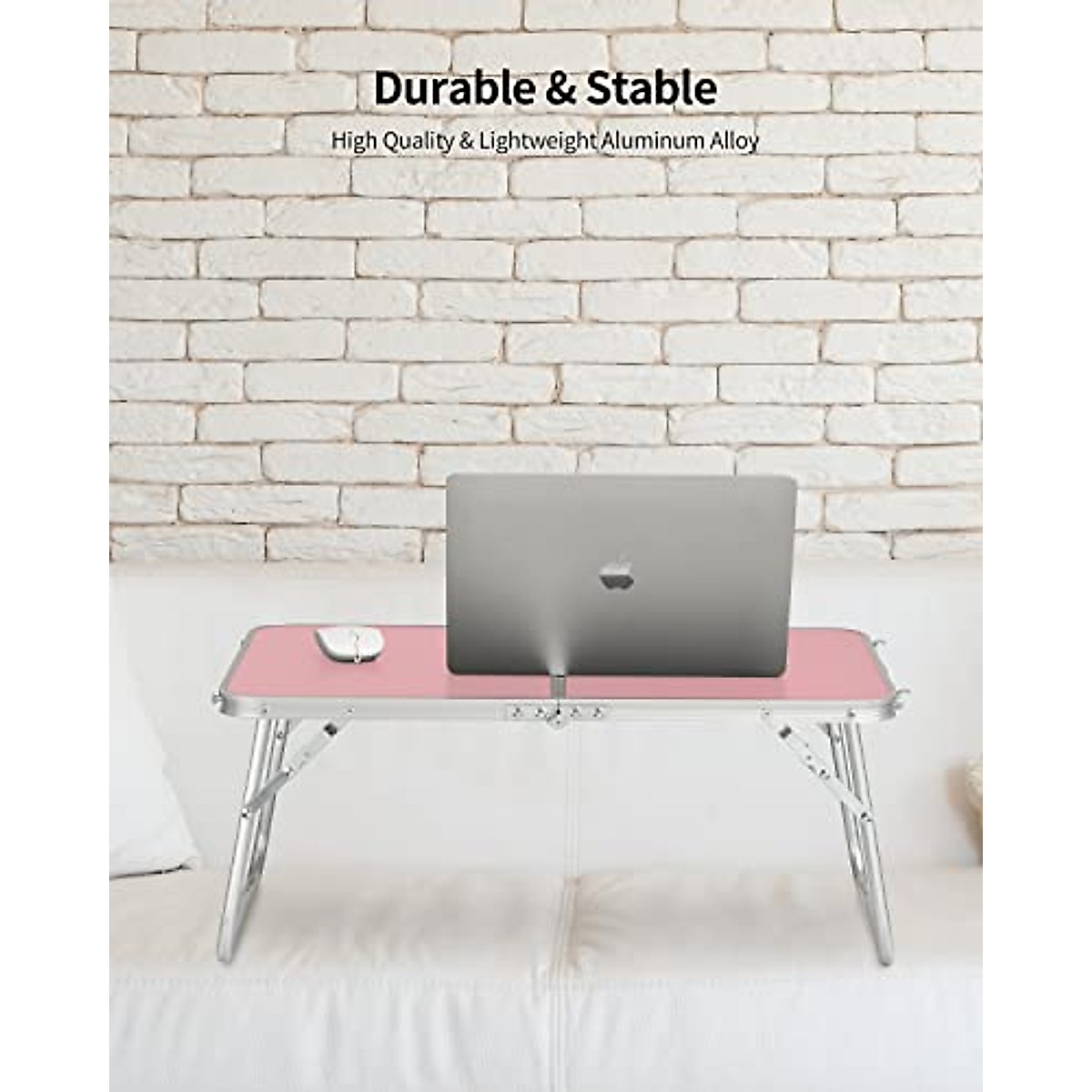 FISYOD Folding Laptop Table, Bed Table Lap Desk, Breakfast Tray Table, Portable Mini Picnic Study Reading Drawing Table, Folding in Half with Inner Storage Space (Pink)