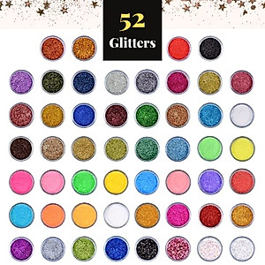 FINOCLAY Fine Glitter 52 Colours Holographic Shaker Tubes 260g Set for Epoxy Resin, Laser for Nail Art, Neon for Body Art, Chunky Iridescent Flakes, Art Crafts, Slime Supplies Gold Silver Glitter