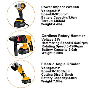 21V Cordless 3 in 1 Impact Wrench Electric Angle Grinder Rotary Hammer Drill 3Pcs Power Tool Combo Kits with 3.0ah Battery & Fast Charger,yellow