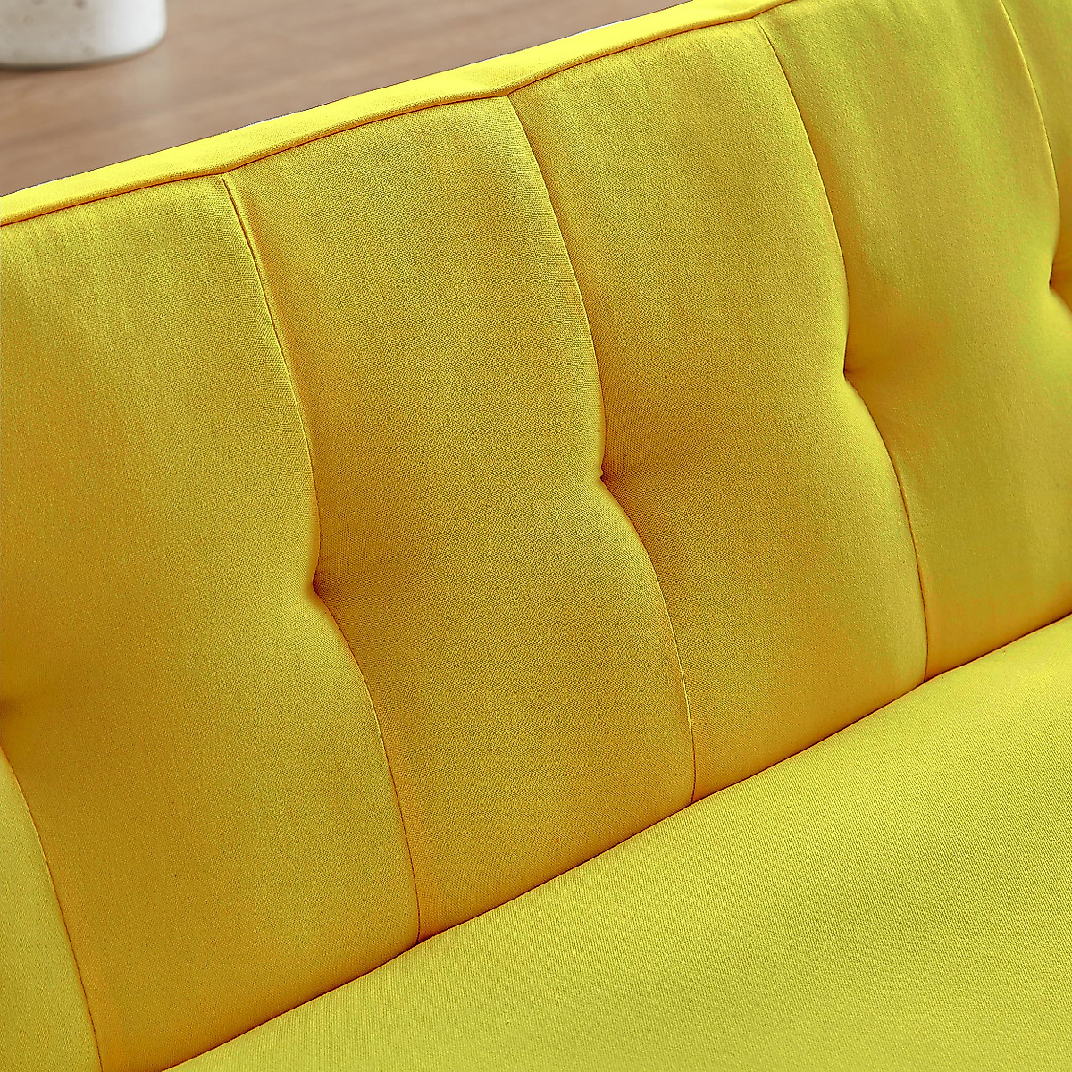 MWrouqfur Modern Fabric Sofa Bed Futon,Convertible Sleeper Loveseat with 2 Pillows and Armrests,75" Folding Recliner Couch Bed with Solid Wood Legs for Living Room Apartments Office (Yellow-New)