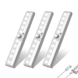 OxyLED Under Cabinet Lights, 10 LED Rechargeable Motion Sensor Closet Lights Indoor, 3 Pack Wireless Magnetic Stick-on Cordless Night Light Bar, Under Counter Lights for Kitchen, Stairs, Hallway