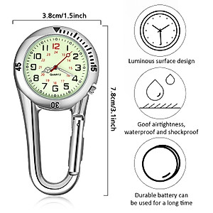 2 Pieces Clip on Quartz Watch Backpack Fob Belt Watch Glow in The Dark Unisex Pocket Watch with White Dial for Doctors Nurses Outdoor Activities (Black, Silver)