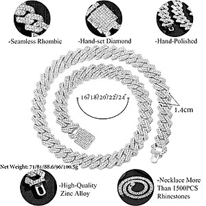 KKJTDS Miami Cuban Link Chain for Men 14mm Diamond Iced Out Cuban Link Chain Necklace Bracelet Hip Hop Jewelry Mens Women (silver, 18inch)