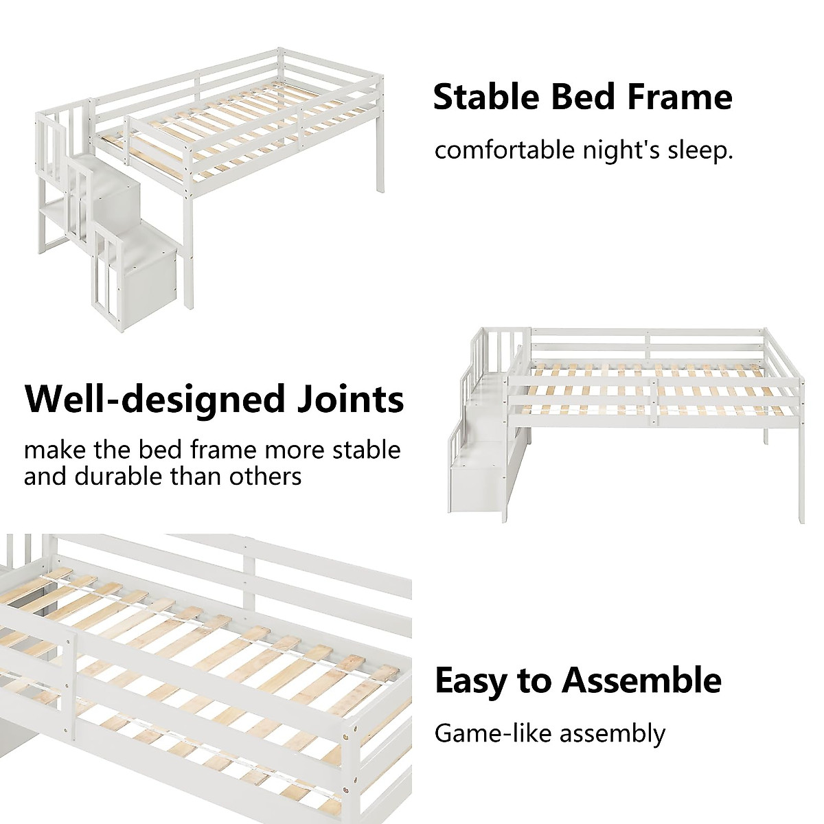 Twin Size Wooden Loft Bed Frames with Storage Staircase, Modern Country Loft Bed with Security Fence, Easy Assemble for Bedroom Small Living Space Boys Girls Adults Teens, Noise Free (White)