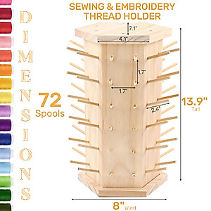 Hexagon Wooden Thread Holder Stand, 72-Spools Embroidery Thread Organizer, Smooth Wood Thread Racks for Spools of Thread and Bobbins - Quilting and Sewing Thread Storage(360° Rotating)