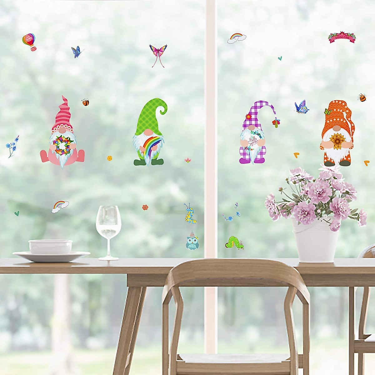 9 Sheets Spring Gnome Static Window Clings- Double Sided Faceless Doll Flowers Butterfly Window Decals Stickers in 9 Styles Party Favors for Spring Home Cafe Restaurant Glass Door Window Decors