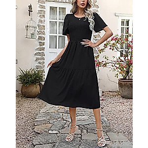 Ellakoko Summer Dresses for Women 2023 Casual Short Sleeve Modest A Line Crew Neck Ruffle Tiered Smocked Midi Black Dress Solid Black M