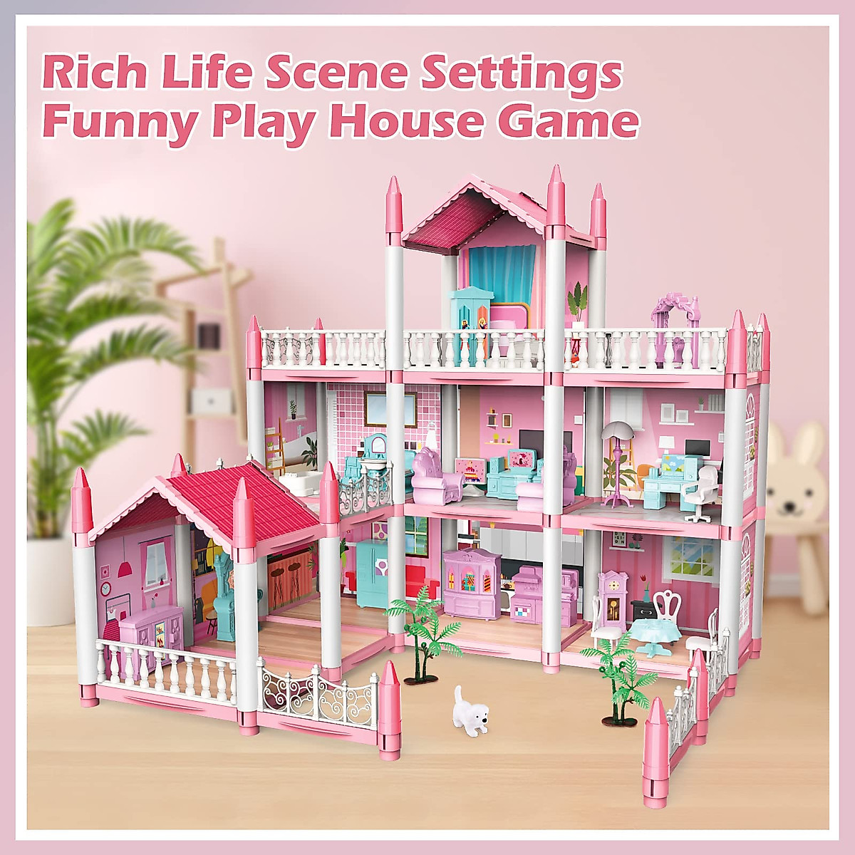 deAO Doll House Dollhouse - 3 Story 9 Rooms Pink DIY Pretend Play Building Playset, Dollhouse Asseccories and Furniture,Gift for 6 7 8 9 Girls Toddler