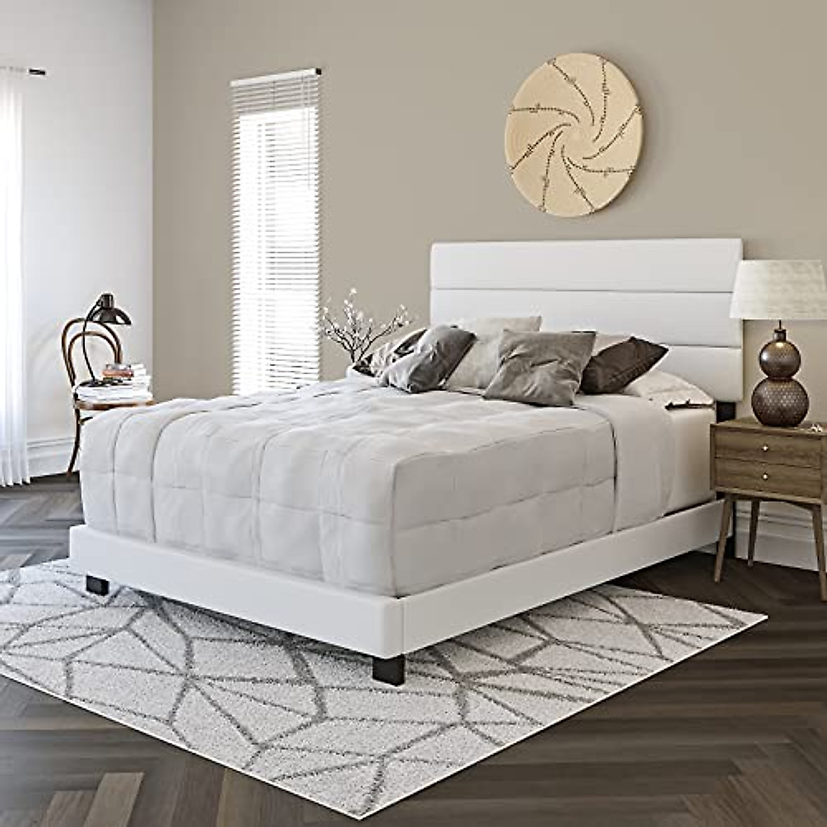 Boyd Sleep Napoli Upholstered Platform Bed Frame with Tri-Panel Headboard, Mattress Foundation Required: Faux Leather, White Twin