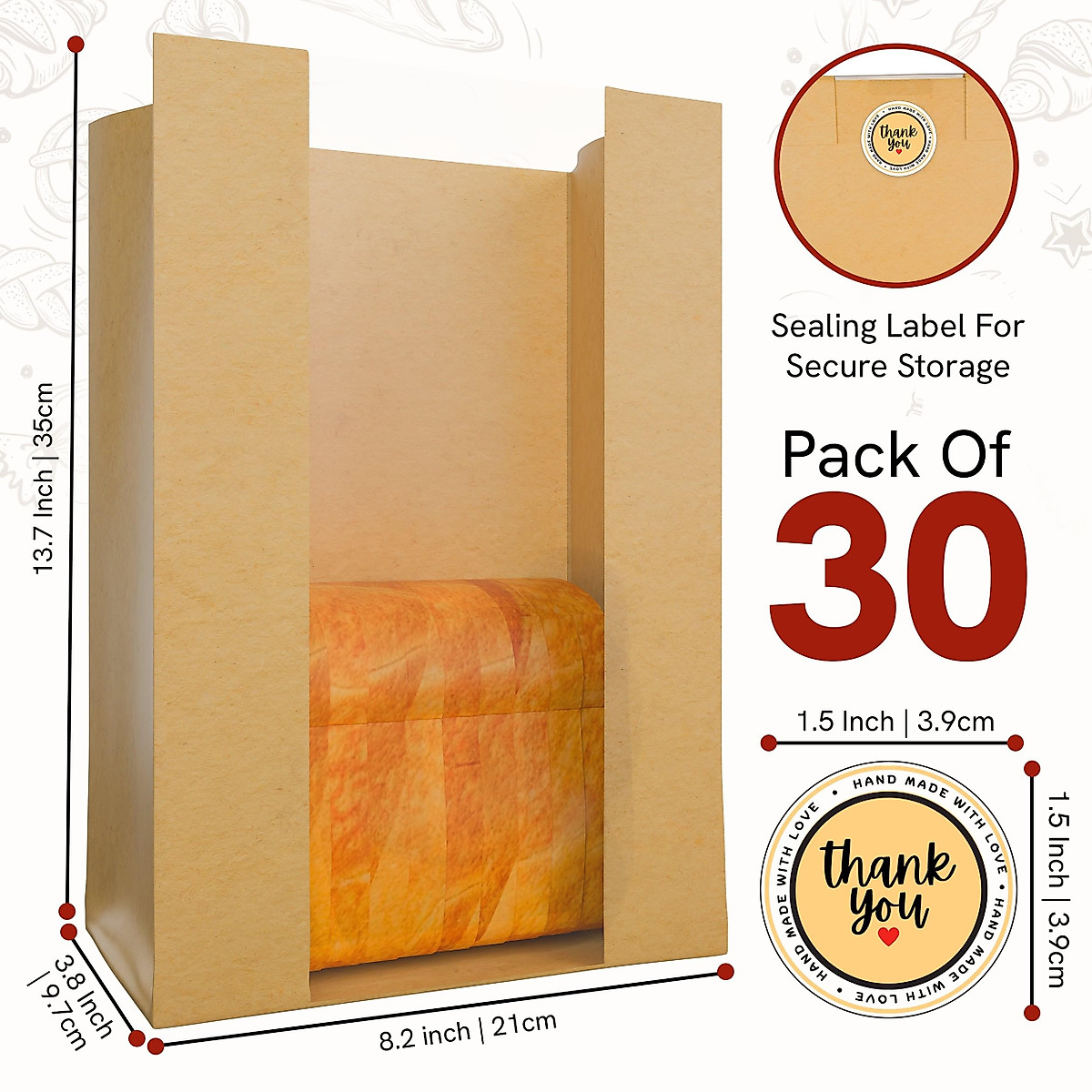 Riccle Large Bread Bags, Sourdough Bread Bags for Homemade Bread, 50% Thicker 13.7x8.2x3.7in, 30 Pcs Bakery Bags with Window and 30 Sealing Stickers - Paper Bread Bag For Kitchen Use, Bread Loaf Bags