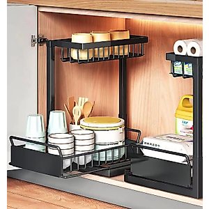 2 Pack Under Sink Organizer,Under Counter Shelves,Under Cabinet Storage Shelves,Spacekeeper Under Sink Organizer,Bathroom Under Sink Organizer Kitchen,Under Sink Organizers And Storage-Black