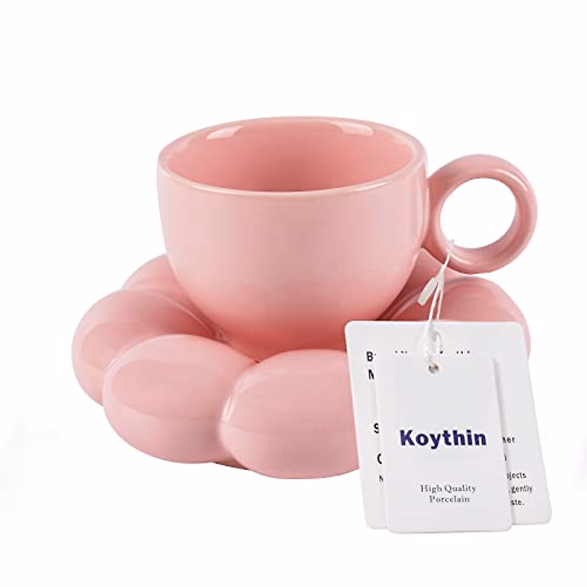 Koythin Ceramic Coffee Mug with Saucer Set, Creative Cute Cup with Sunflower Coaster for Office and Home, Dishwasher and Microwave Safe, 6.5 oz/200 ml for Tea Latte Milk (Peach Pink)