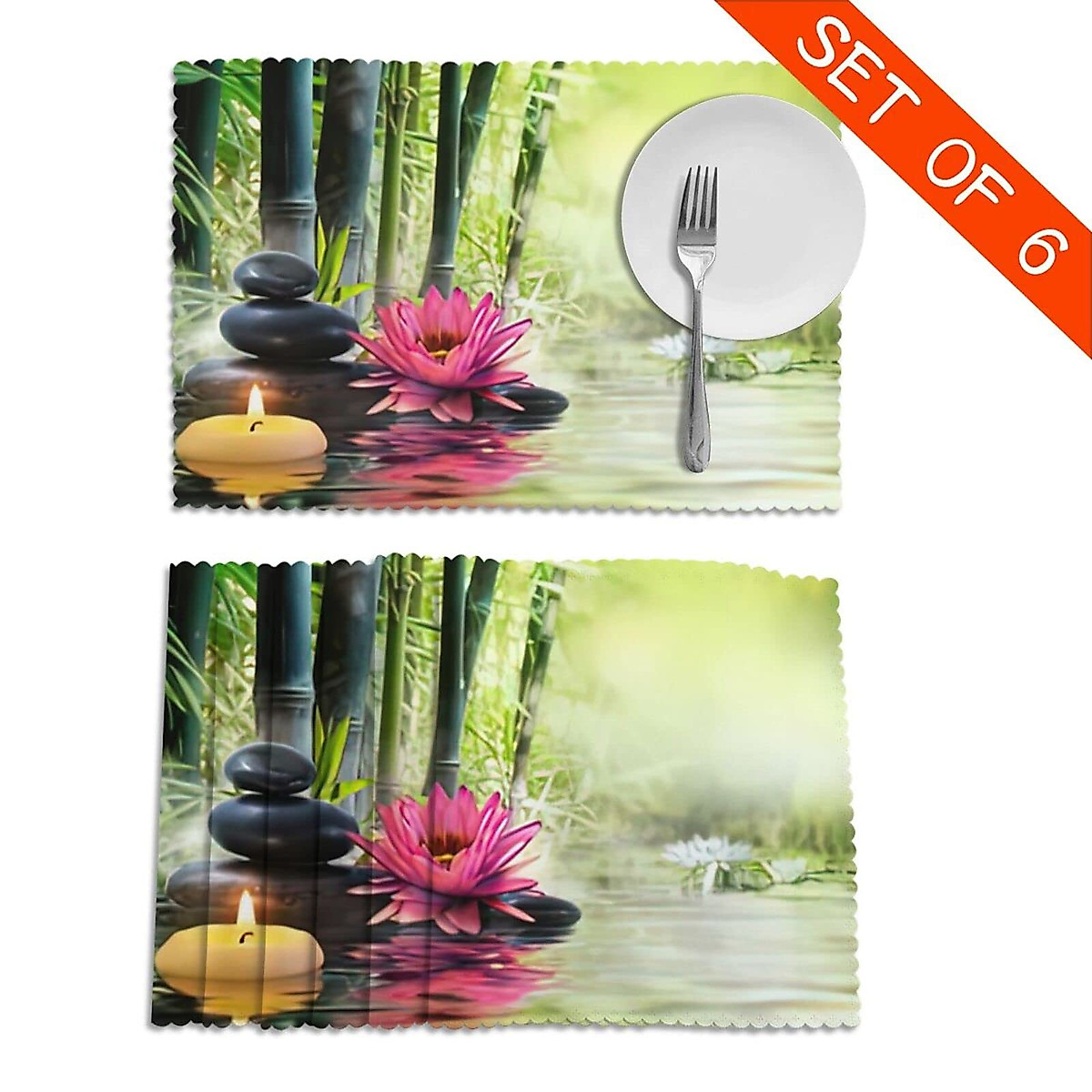 Zen Stone Lotus Bamboo Placemats Set of 6,Table Mats Heat-Resistant Washable Non-Slip Place Mats for Party Family Dining Kitchen Home Wedding Holiday Party Decorations 12 X 18 Inch