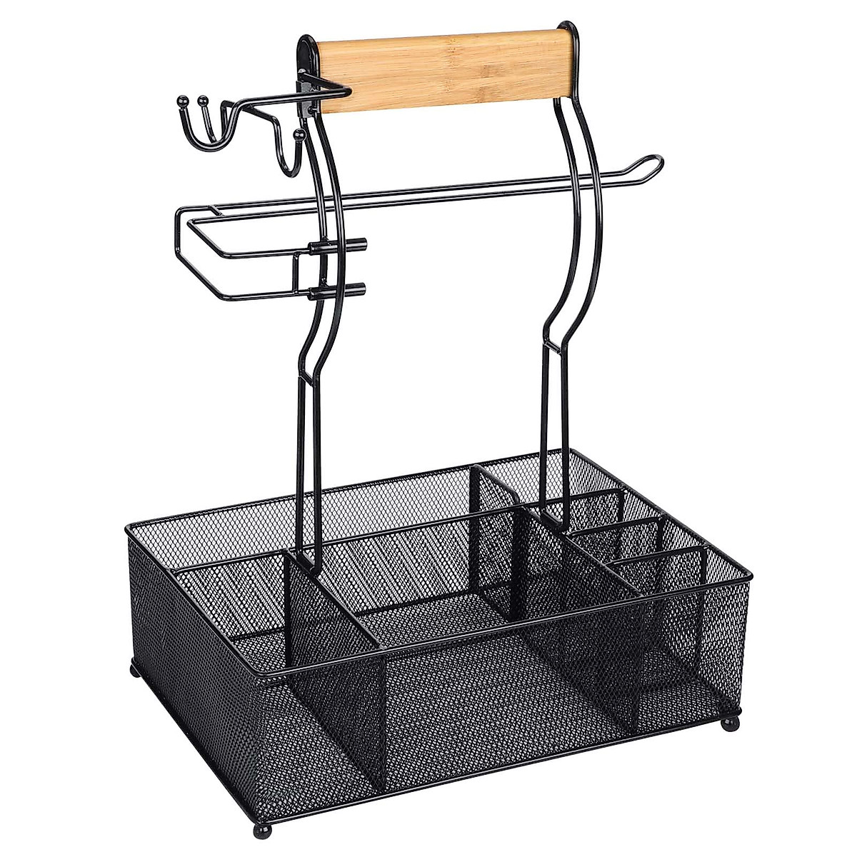 FANGSUN Large Grill Utensil Caddy, Picnic Condiment Caddy, BBQ Organizer for Camping Outdoor Mesh Basket with 3 Hanging Hooks and Paper Towel Holder, Ideal Table Storage Tools for Paper Plate Cutlery