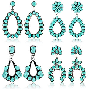 Turquoise Oval Earring 4 Pairs Turquoise Bohemian Dangle Metal Earrings Western Earrings for Women Cowgirl Vintage Turquoise Earrings Statement Teardrop Earrings (Classic Style)