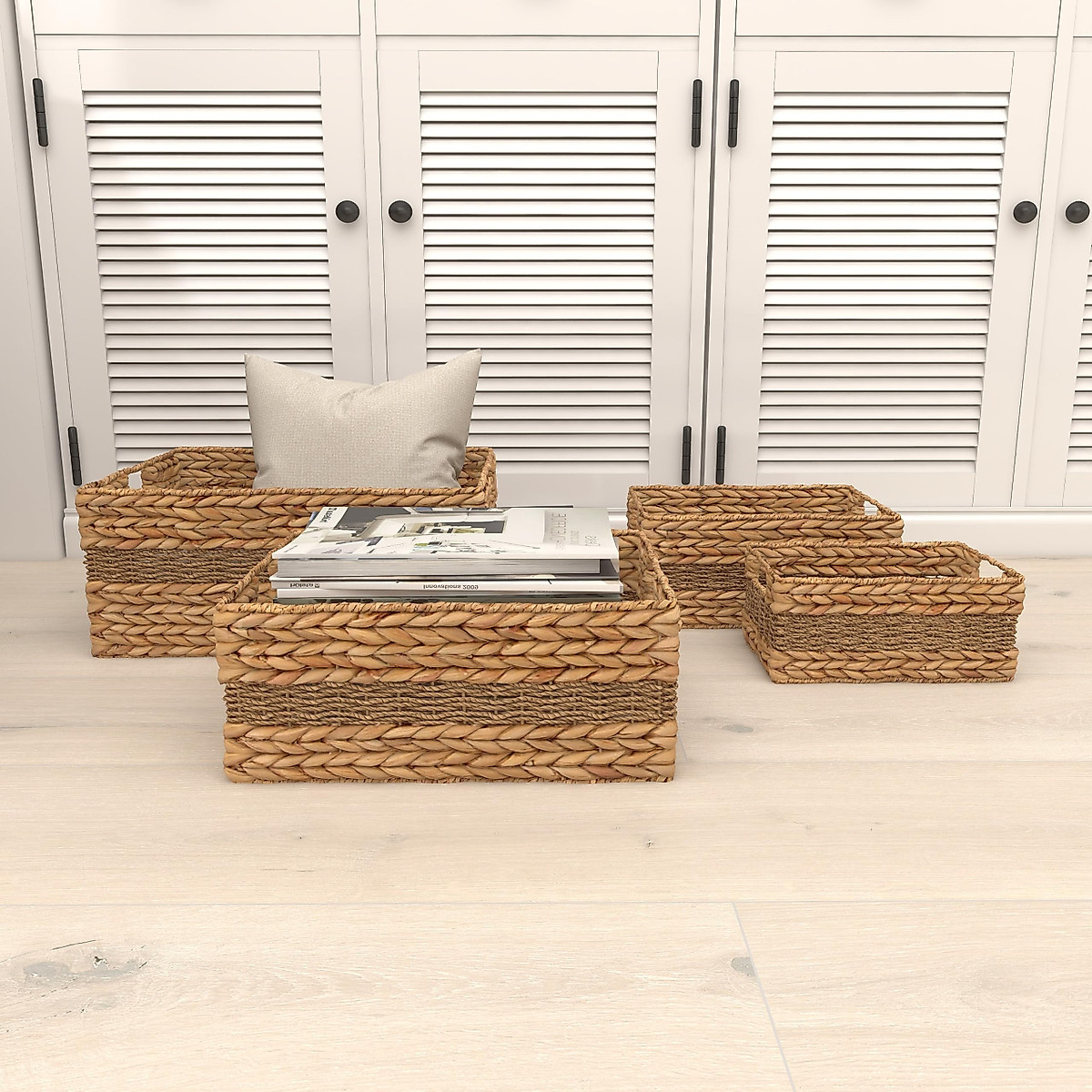 Deco 79 Seagrass Handmade Decorative and Functional Storage Basket Basket Organizer with Handles, Set of 4 Basket for Storage 16", 14", 12", 10"W, Light Brown