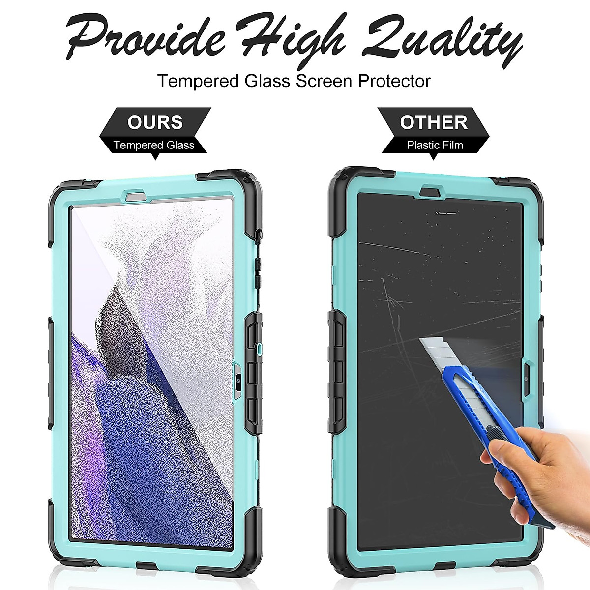 BASE MALL Tablet Case for Samsung Galaxy Tab S8 Plus 2022/S7 FE/S7 Plus 12.4 5G, [Shockproof] with Tempered Glass Screen Protector,360° Rotating Kickstand/Hand Strap/S Pen Holder (SkyBlue)