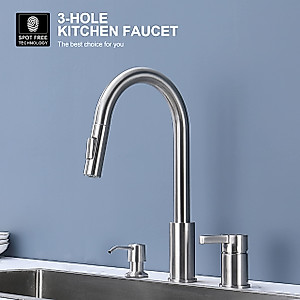 KIRLYSTONE 3-Hole Kitchen Faucet with Pull Down Sprayer, Brushed Nickel Kitchen Sink Faucet with Separate Handle and Soap Dispenser