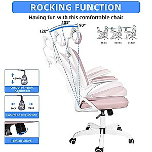 Mimager High Back Office Chair, Mesh Office Chair with Lumbar Support, Desk Chairs with Wheels, Adjustable Headrest, Task Chair Flip-Up Arms, Executive Office Chair for Home, Pink