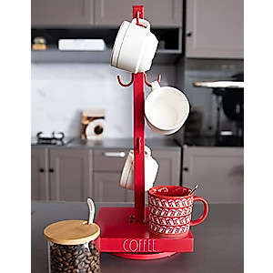 Rae Dunn Red Christmas Coffee Mug Holder with 6 Hanging Hooks – Coffee Cup Rack Storage Display Organizer Stand for Kitchen Counter or Cafe Countertop – Inside Christmas Decorations Indoor Home Decor