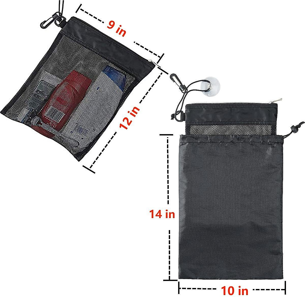 VUFVOID Shower Bag Tote, Mesh Shower Bag ，Portable Organizer, Compact and Lightweight With Suction Cup, Cord for Hanging, Zipper and Drawstring Pouch(12”L x 9”W, 14”L x 10”W)