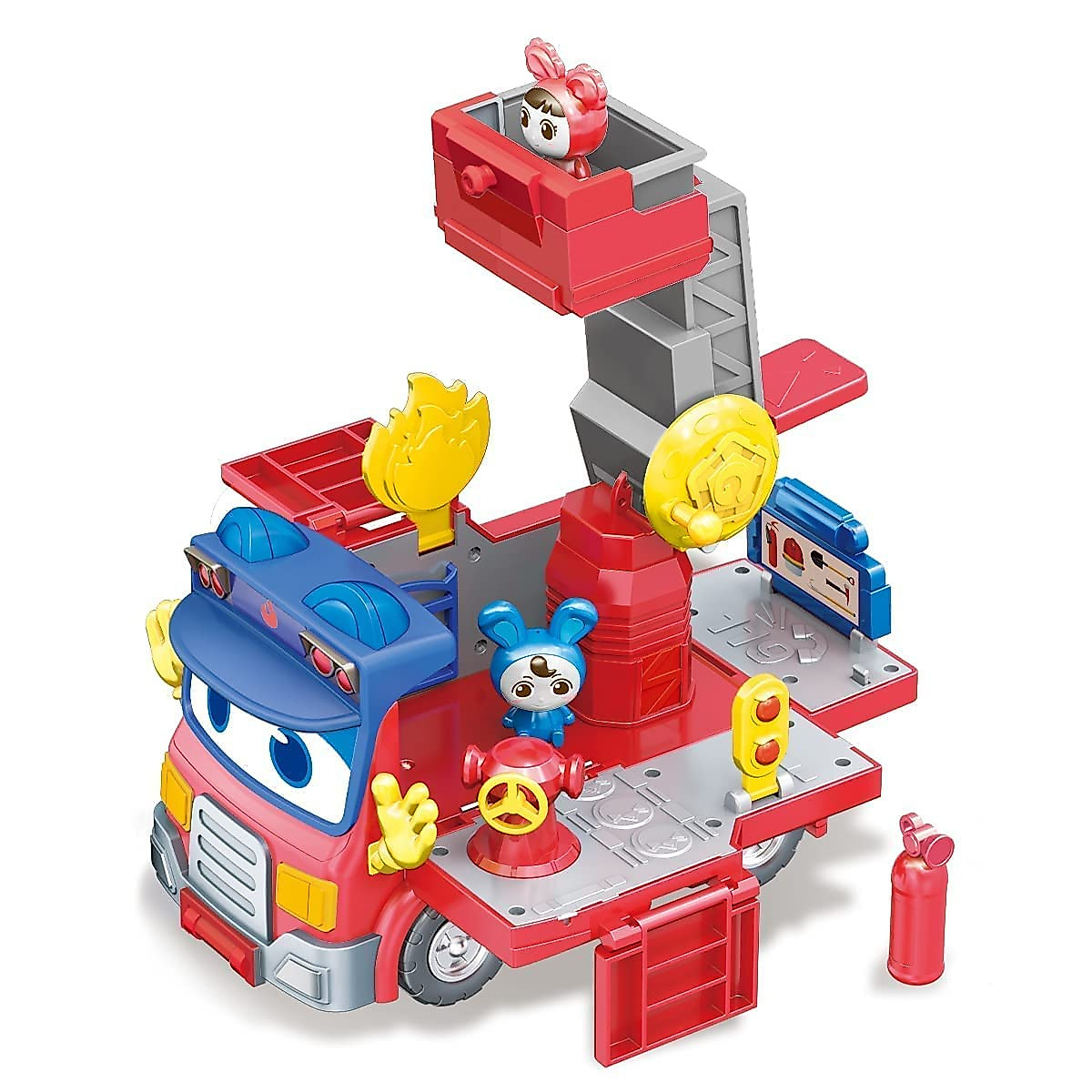 GO GO BUS STOP Fire Truck Action Figure Toy Vehicle Playsets, Cartoon Kids Play Truck with Rescue Ladder, No Sharp Edges, Safe and Durable Materials, Birthday Gift for Boys and Girls