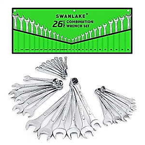 SWANLAKE 26PCS Combination Wrench Set with Roll-up Pouch, wrench set metric and standard, SAE 1/4” - 1” and Metric 8mm - 24mm